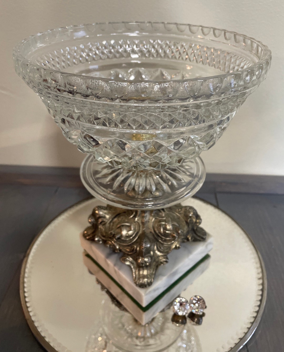Vintage Ornate Brass and Pressed Diamond Pattern Glass Candy Dish ...