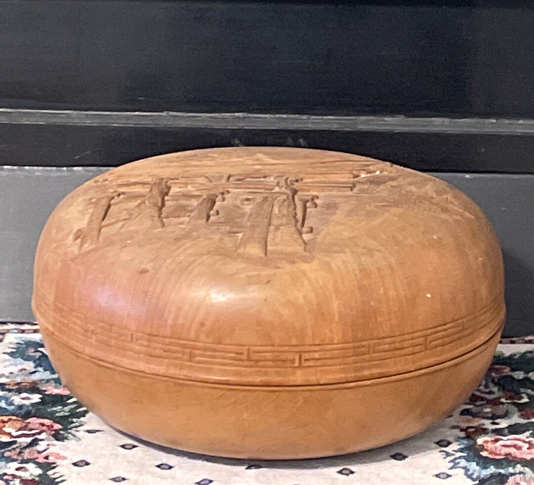 Antique Oriental Hand Carved Round Turned Wood Box/buddhist Shinto ...