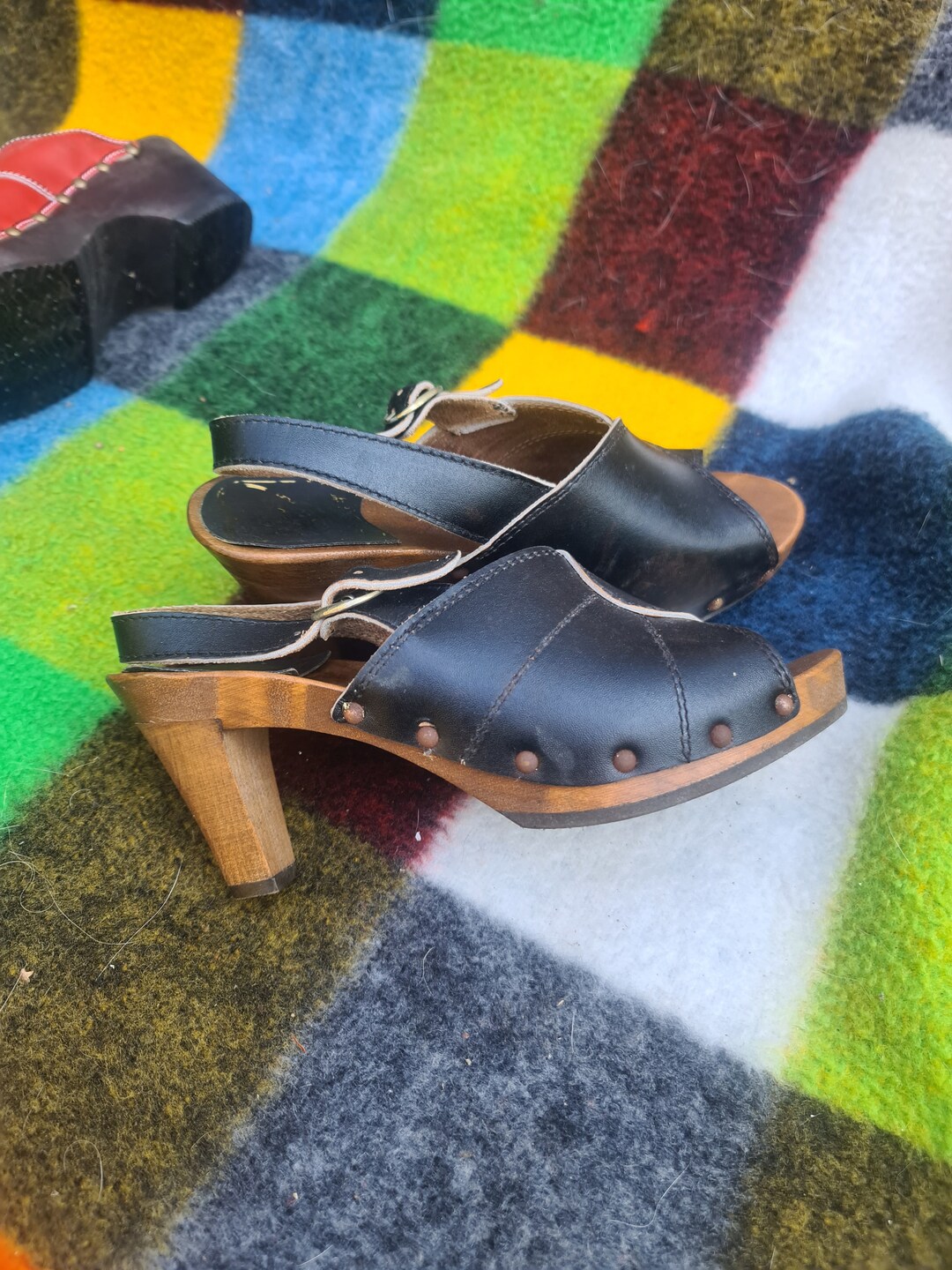 1970s Vintage Clogs Open Toe Wooden Heels Blue Leather - Etsy