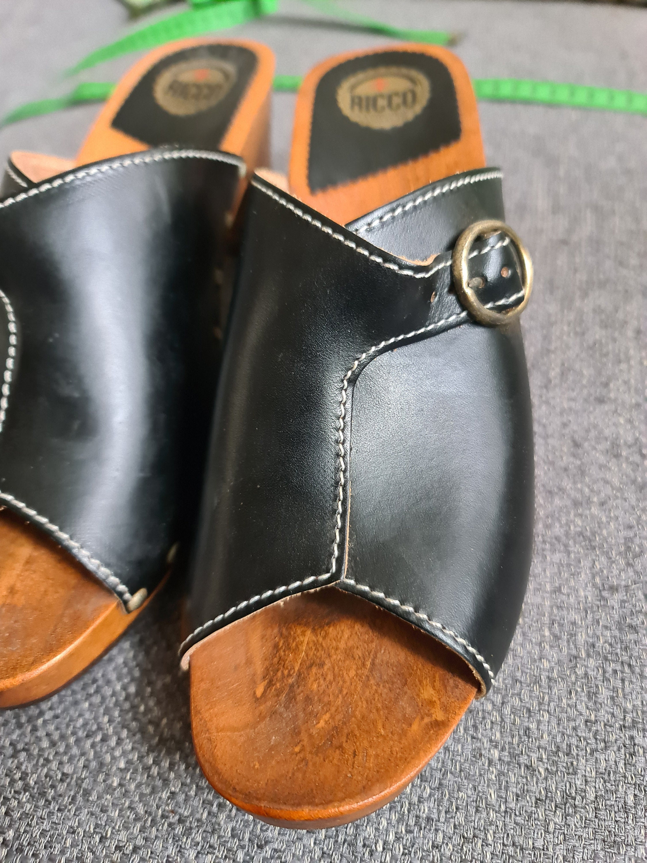 1970 Vintage Clogs Open Toe Wooden Heels Black Leather - Etsy