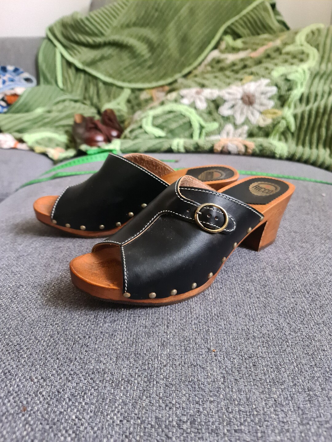 1970 Vintage Clogs Open Toe Wooden Heels Black Leather - Etsy
