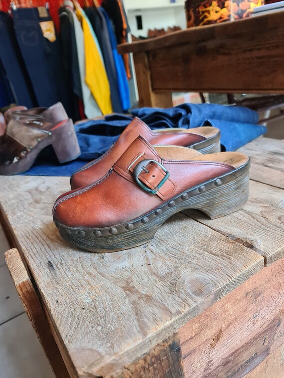1960s vintage clogs platform sandals leather woodstoc… - Gem