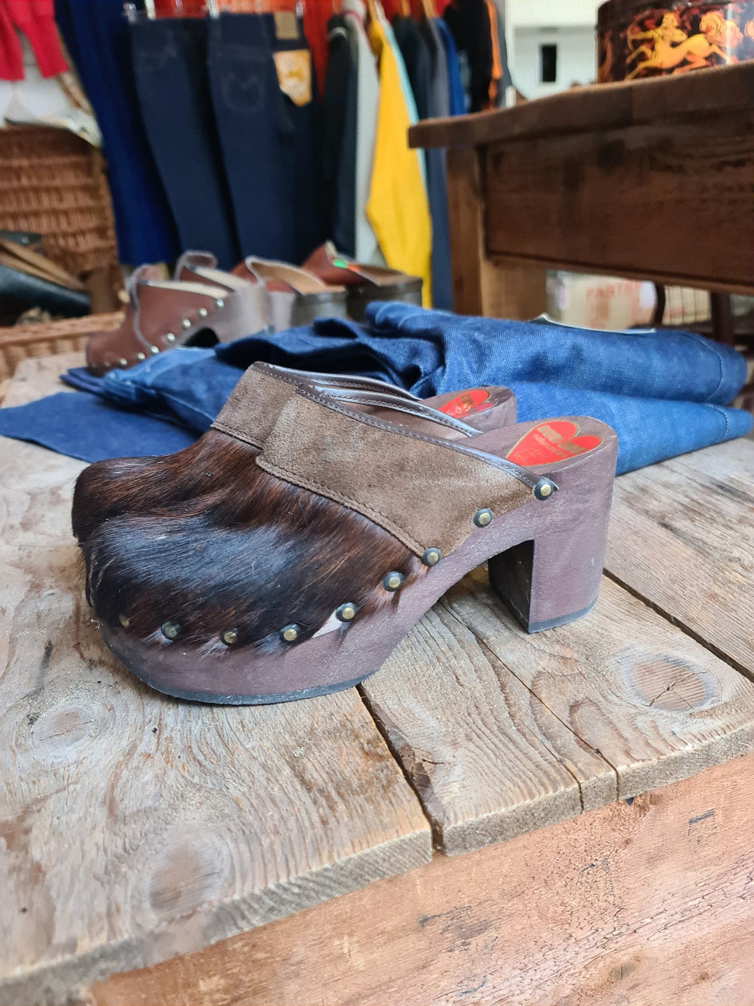 1960s 1970s Vintage Platform Wooden Clogs Sandals Leather Goat Skin Fur ...
