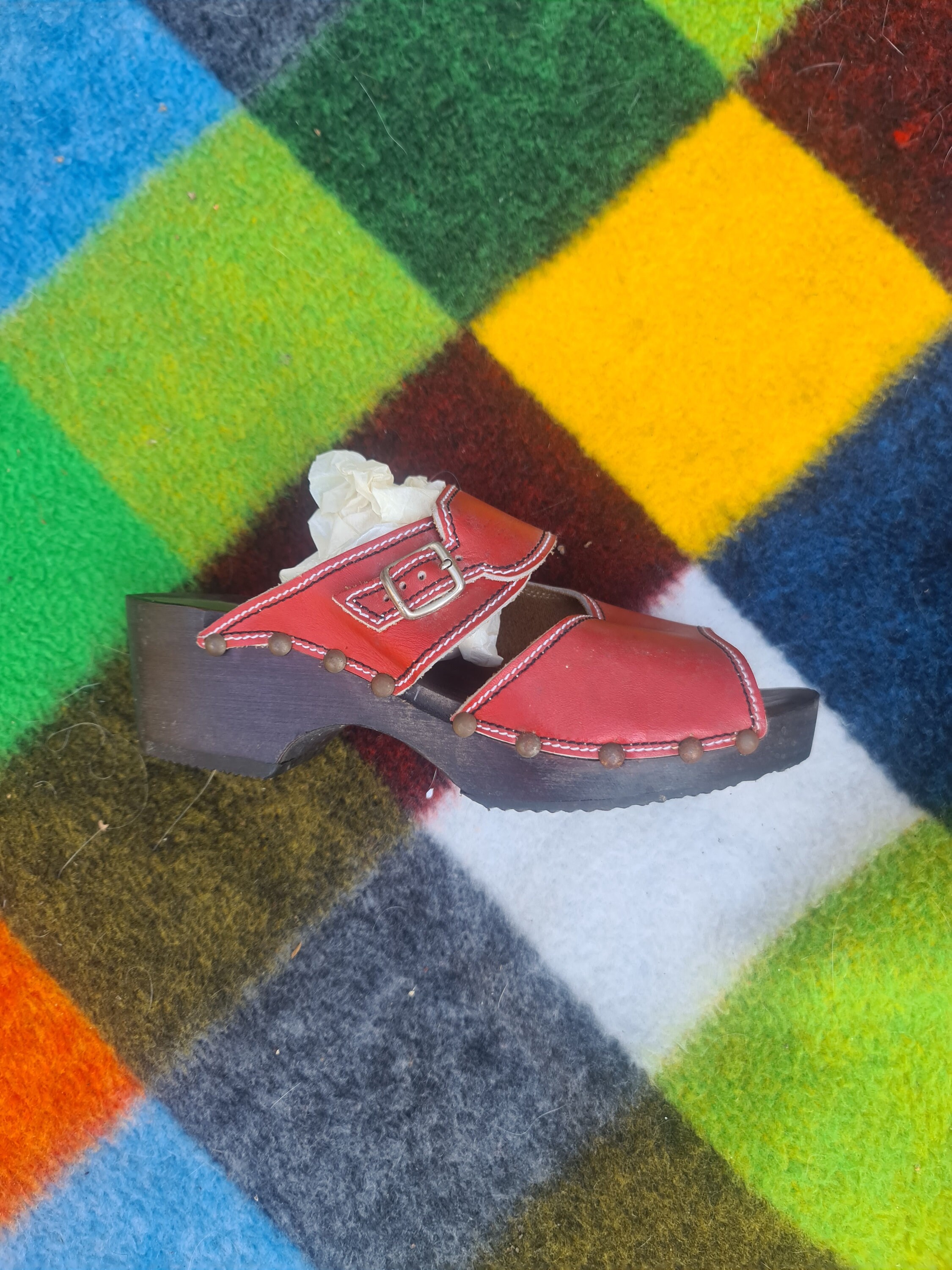 1960s 1970s Vintage Clogs Open Toe Wooden Sandals Leather Leather Red ...