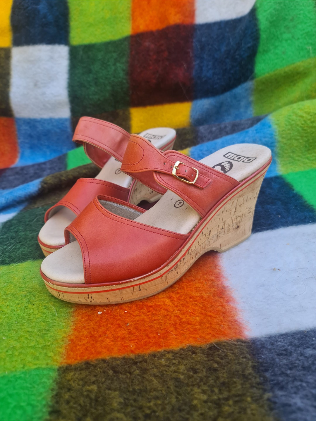 Vintage Leather Sandals Cork 70s Deadstock Open Toe Summer Wedges Shoes ...