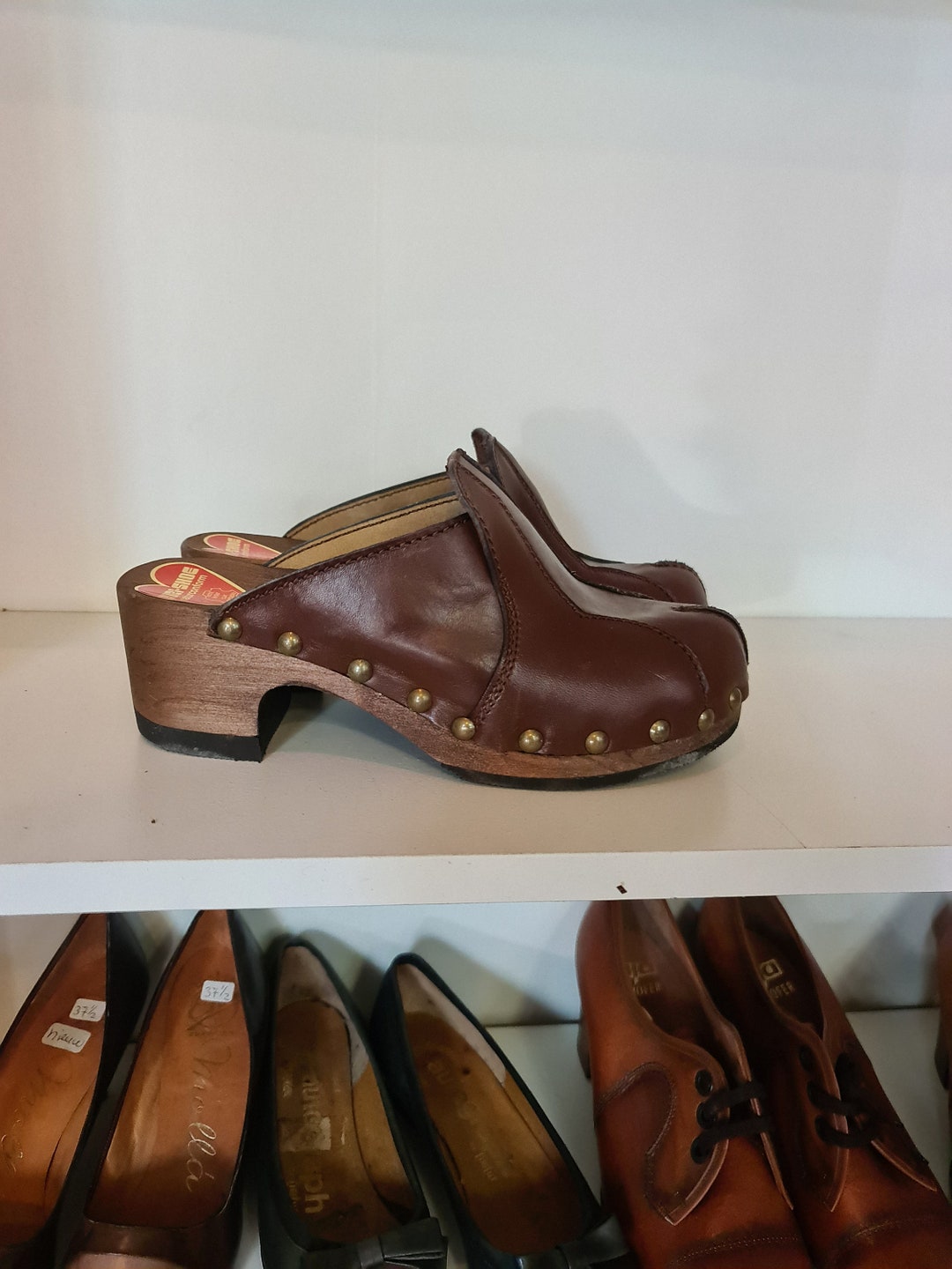 1960s 1970s Vintage Clogs Platform Wooden Sandals Leather Woodstock ...