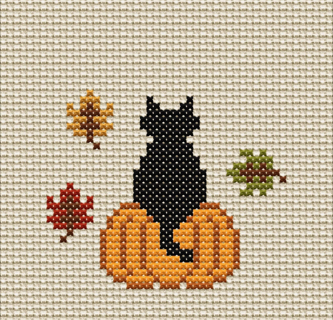 Autumn Cat & Falling Leaves, Cross Stitch Pattern, Black Cat Sitting on ...