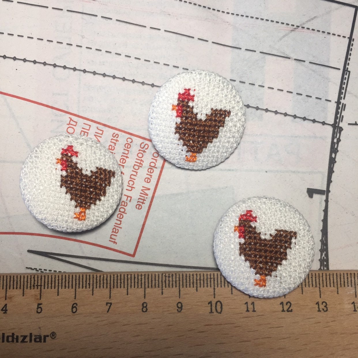 Cross Stitch Chicken Button Set of 3, Extra Large Buttons, Cottagecore ...