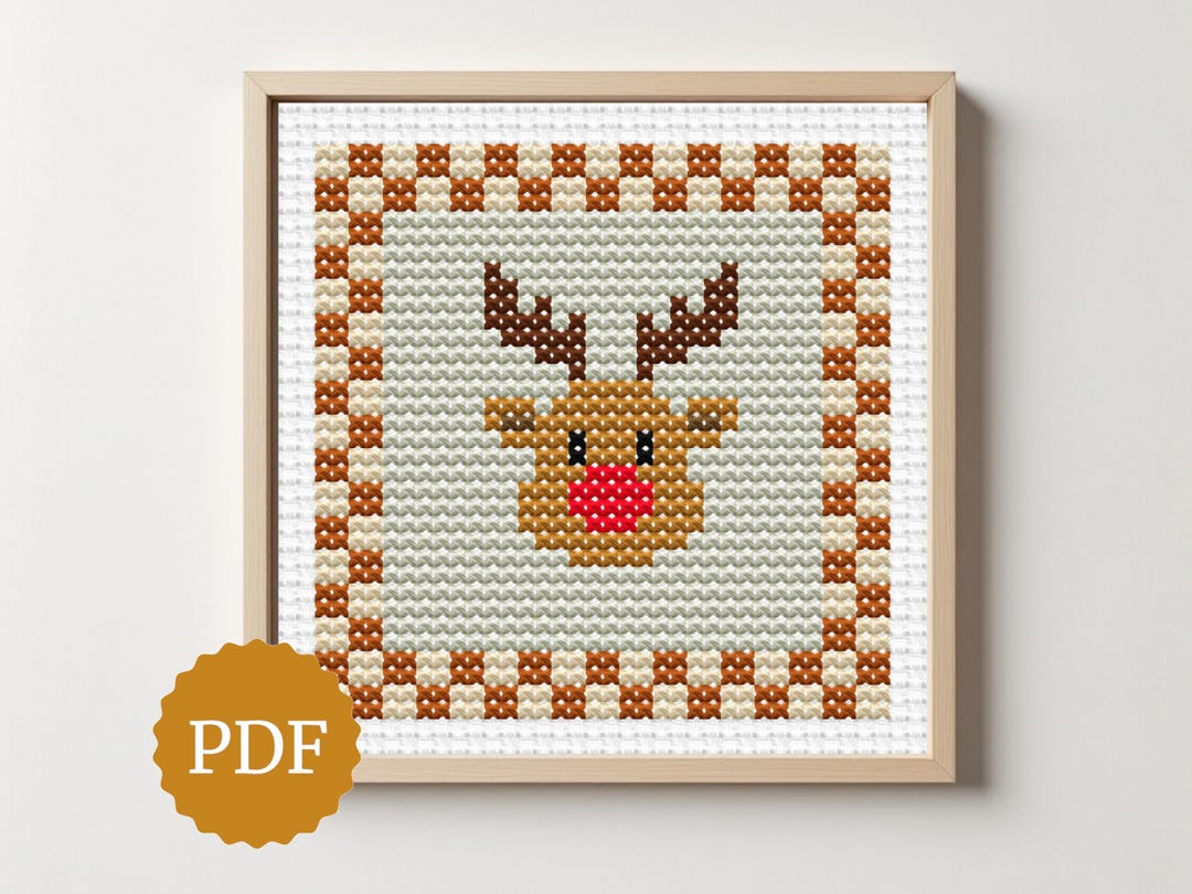 Retro Reindeer Cross Stitch Pattern, Farmhouse Checkerboard Border ...