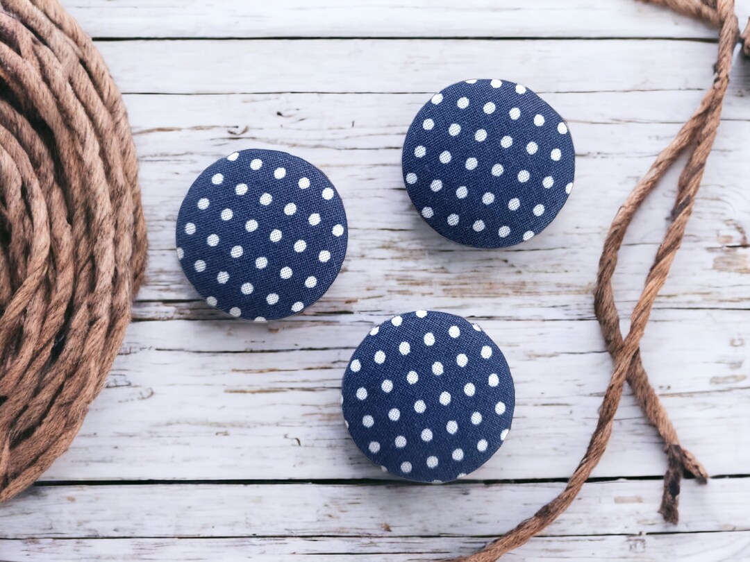 Nautical Polka Dot Button Set of 3, Dark Blue Fabric Covered Retro ...