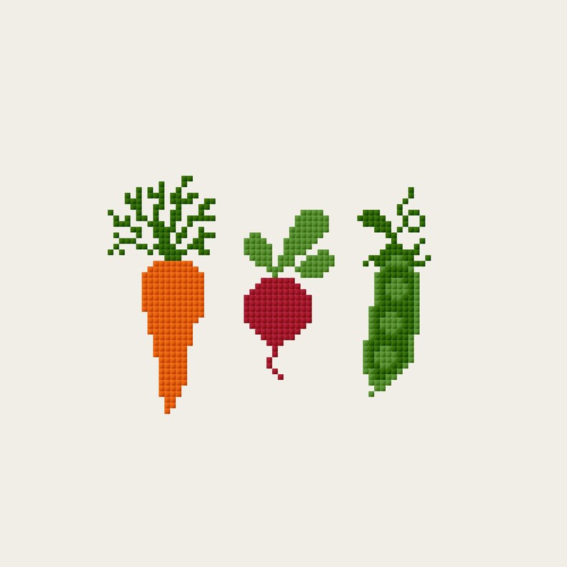 Vegetable Cross Stitch Pattern, Carrot Radish Pea Embroidery, Garden ...