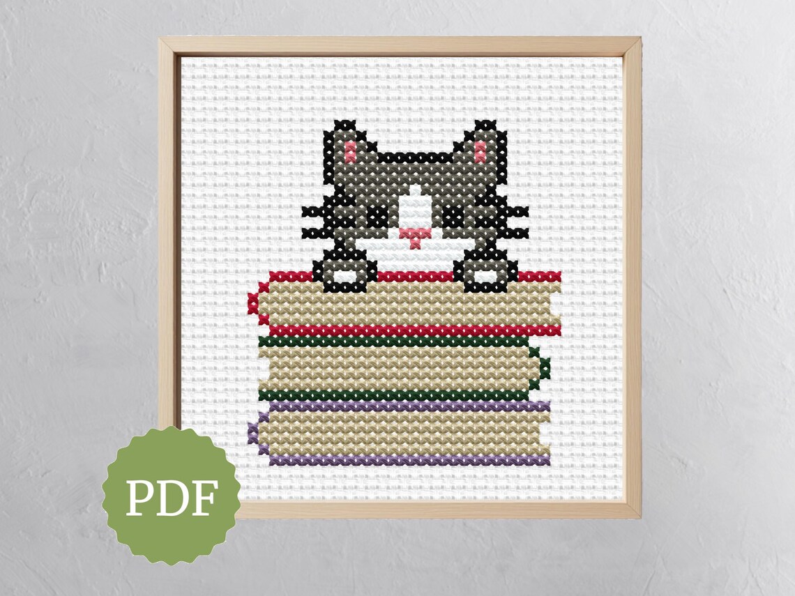 Library Cat With A Stack of Books, Modern Cross Stitch Pattern ...