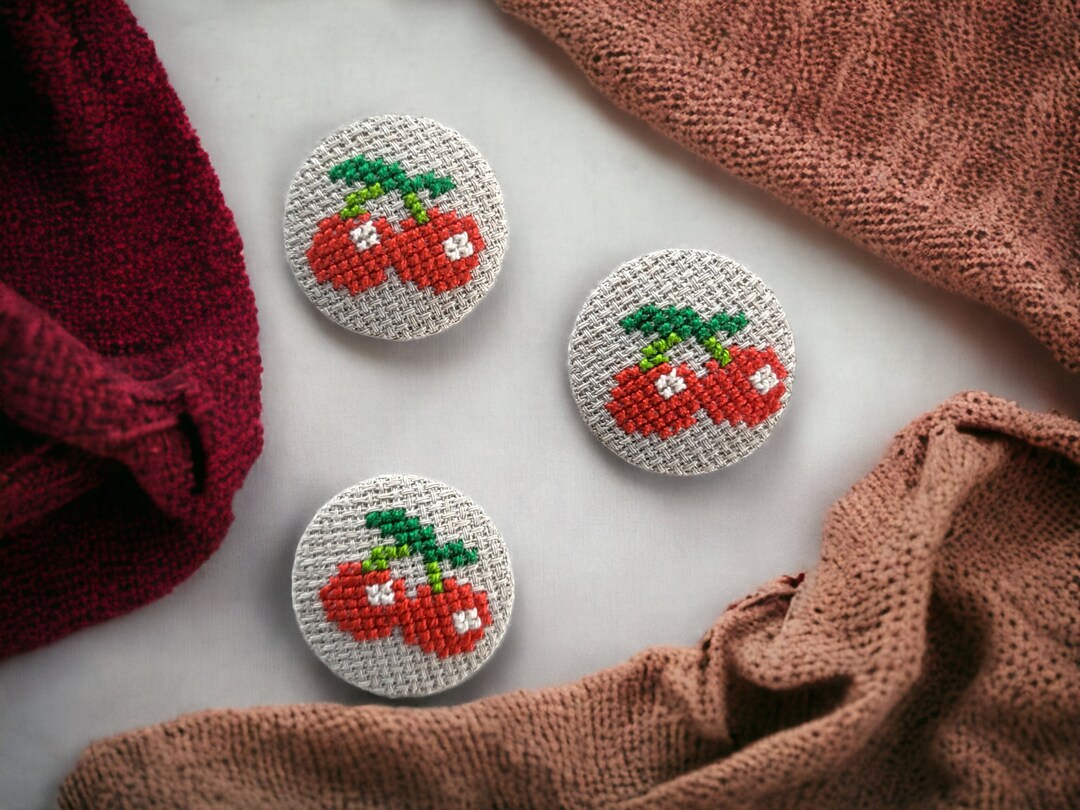 Handmade Cherry Button Set of 3, Cross Stitch Retro Knitwear Sewing ...
