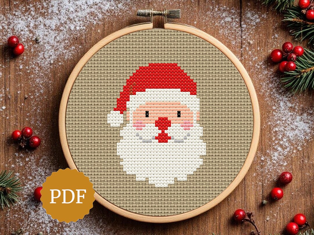 Santa Face Cross Stitch Pattern, Kawaii Christmas Ornament, Beginner ...