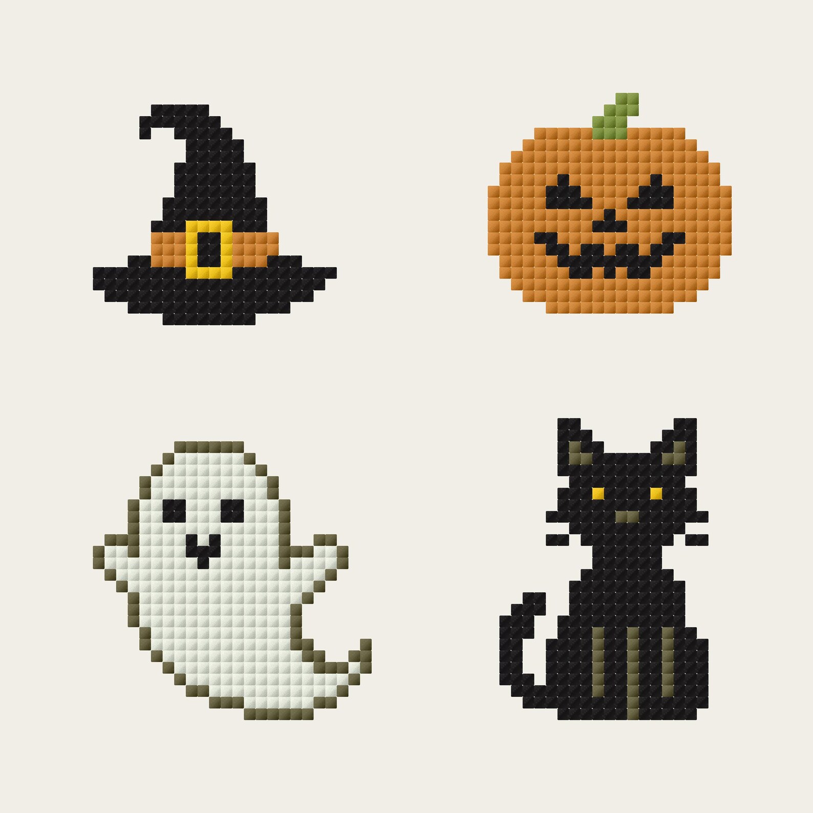 Cute Halloween Cross Stitch Pattern Set - Black Cat, Pumpkin, Witch Hat ...