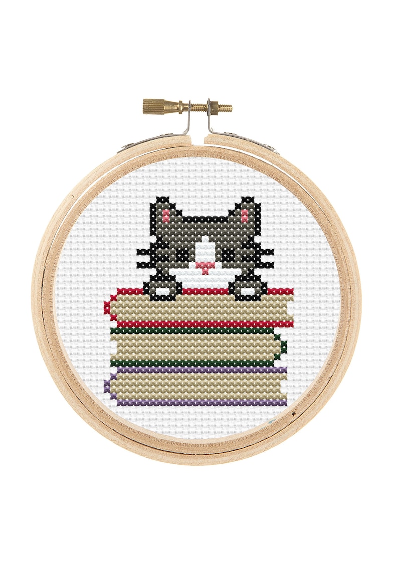 Library Cat With A Stack of Books, Modern Cross Stitch Pattern ...
