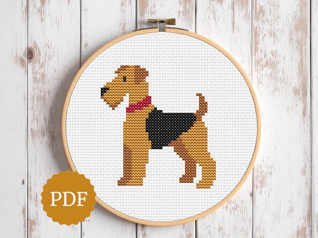 Airedale Terrier Cross Stitch Pattern, Minimal Hoop Art, Pet Embroidery ...