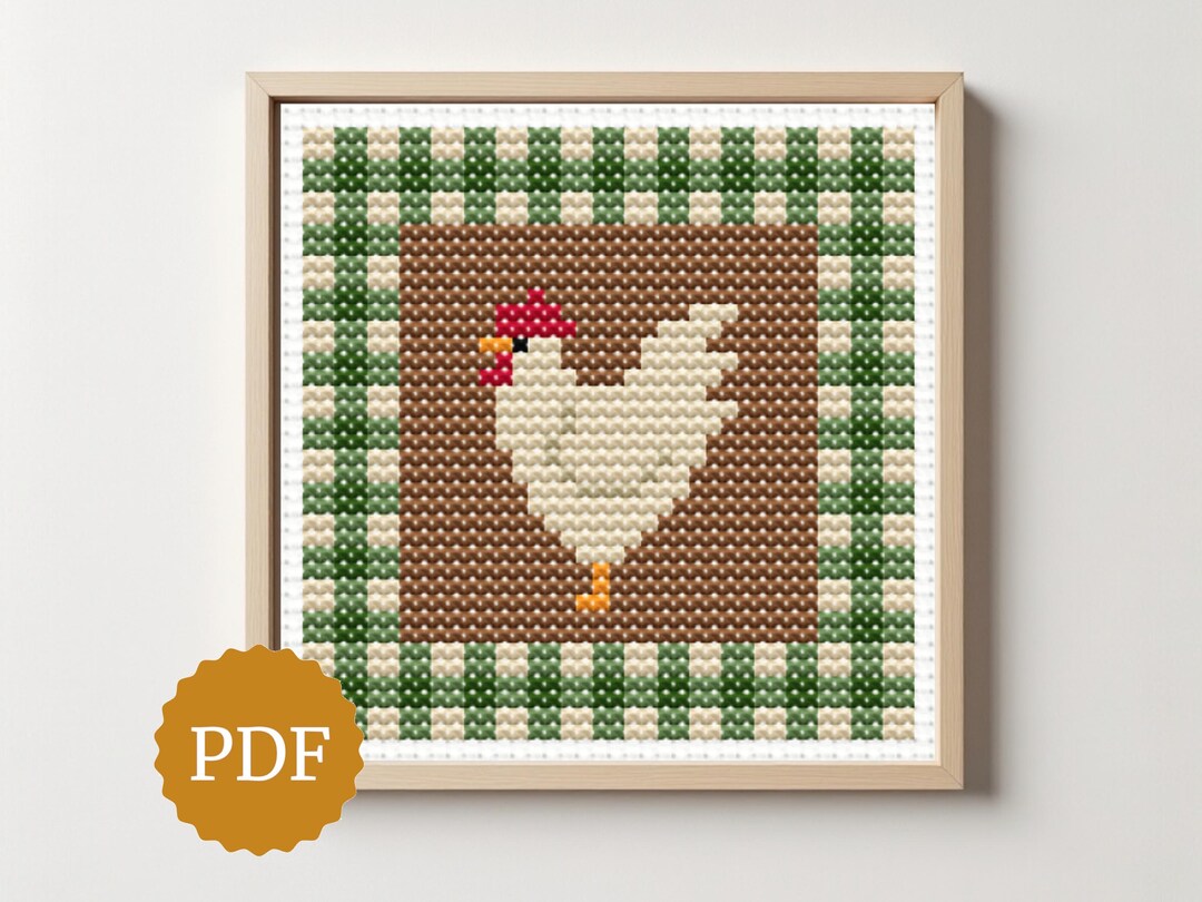 Country Hen Cross Stitch Pattern, Farmhouse Chicken Motif With Gingham ...