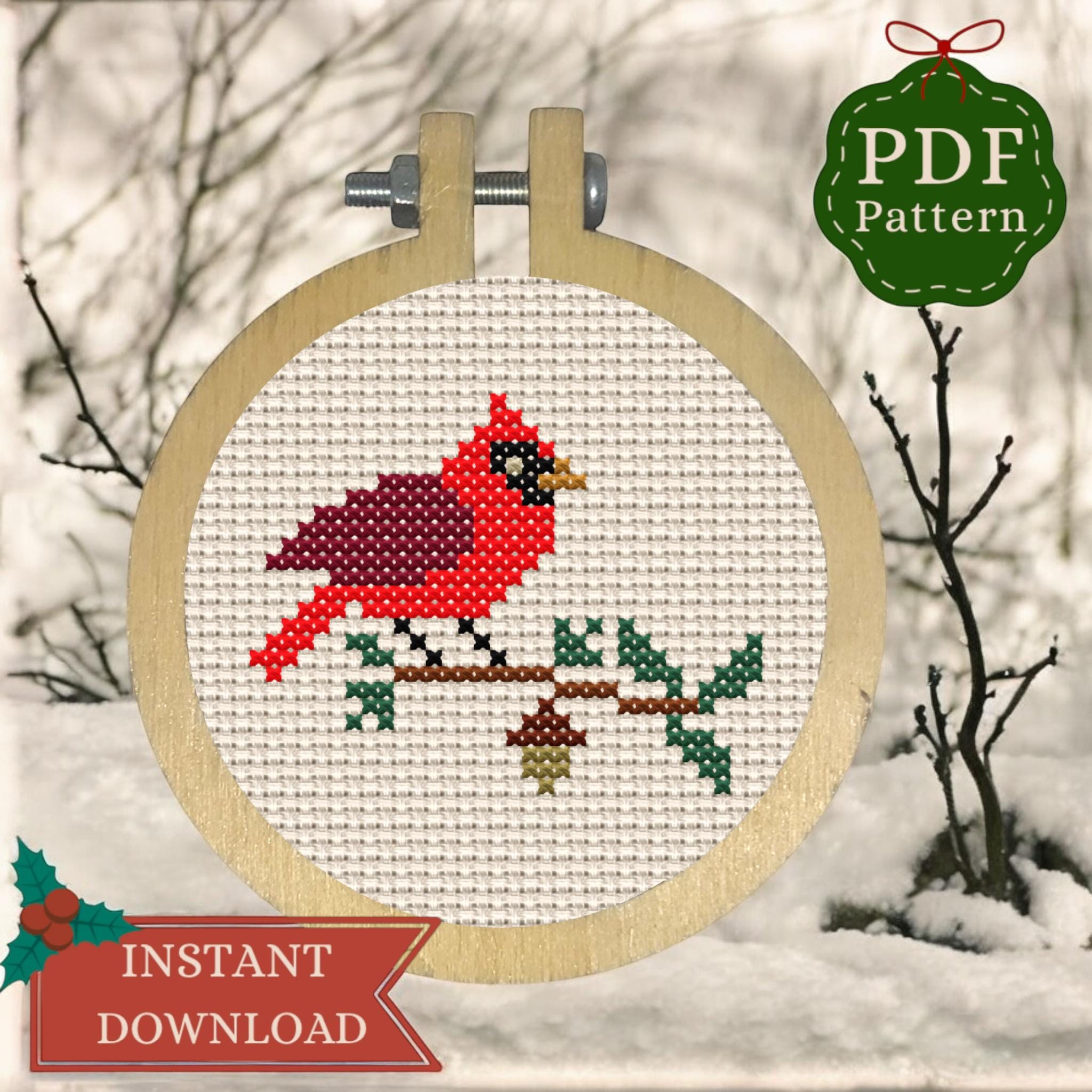 Autumn Cardinal Counted Cross Stitch Pattern, Rustic Christmas Ornament ...