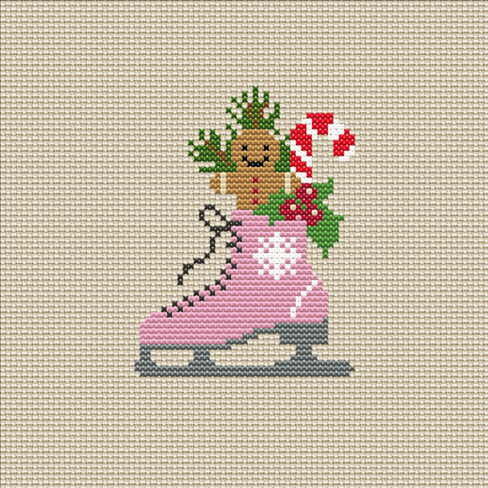 Christmas Ice Skate Cross Stitch Pattern, Gingerbread Man & Candy Cane ...