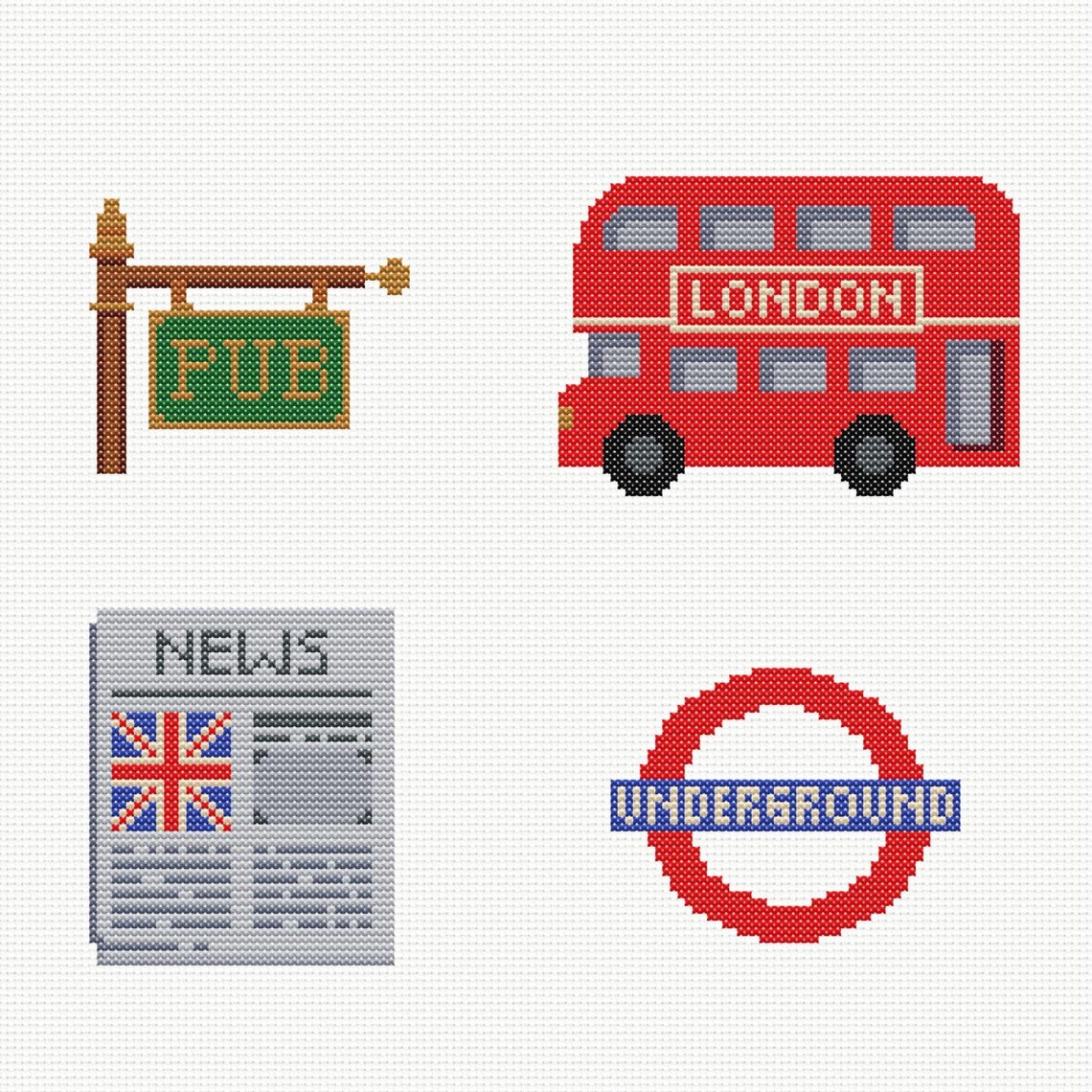 London Street Icons Cross Stitch Pattern, UK City Life Embroidery ...