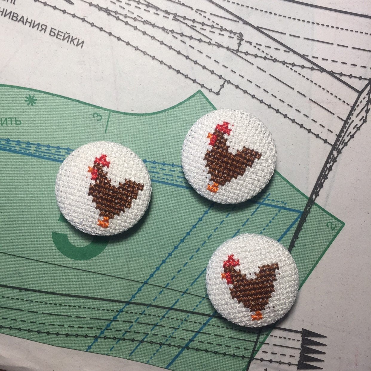 Cross Stitch Chicken Button Set of 3, Extra Large Buttons, Cottagecore ...