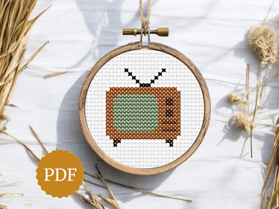 Retro TV Cross Stitch Pattern, Vintage Television Embroidery PDF, Mid ...