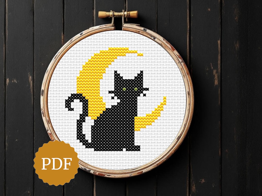 Black Cat Cross Stitch Pattern, Halloween Witch Cat Embroidery, Easy ...