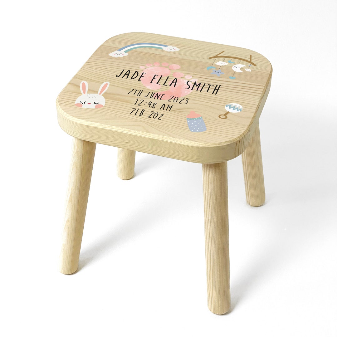 Personalised Children's Wooden Stool, New Baby Keepsake Gift, Birthday ...
