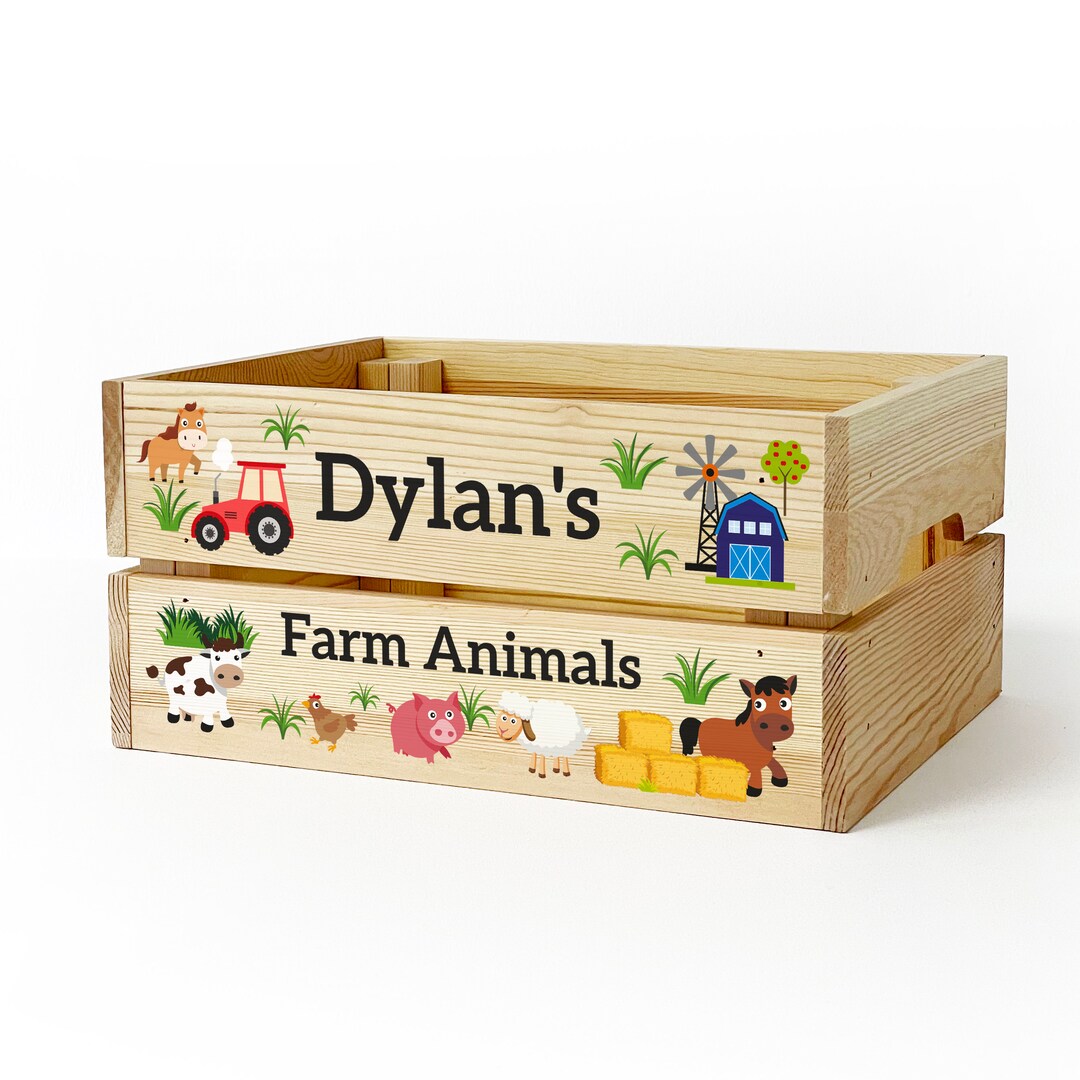 Personalised Kids Toy Farm Animals Wooden Storage Toy Box Crate for ...