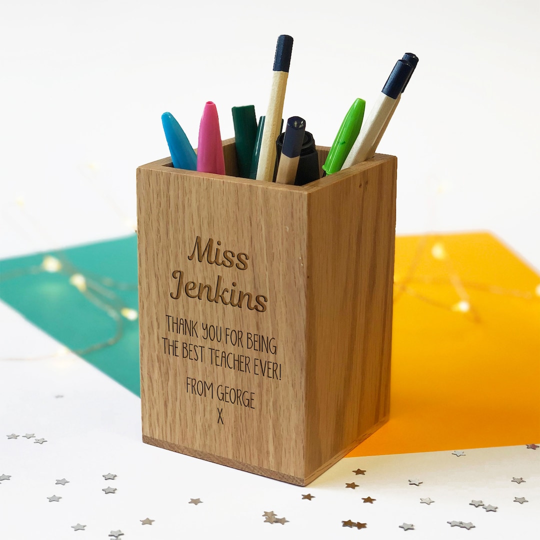 Personalised Oak Pencil Holder - Teacher Pen Pot Thank You Gift, Best ...