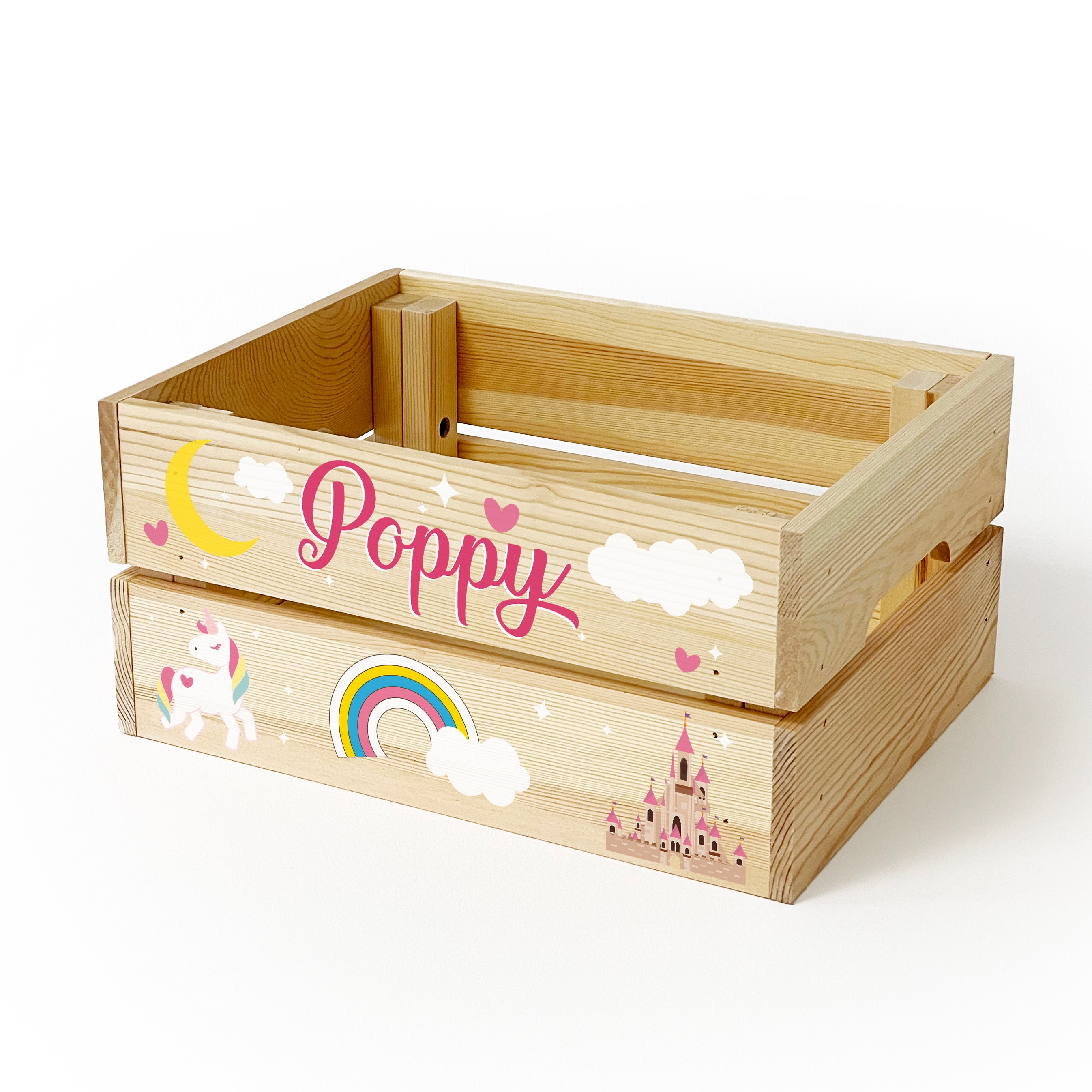 Personalised Kids Toy Storage Crate: Unicorn & Castle Wooden Box - Etsy