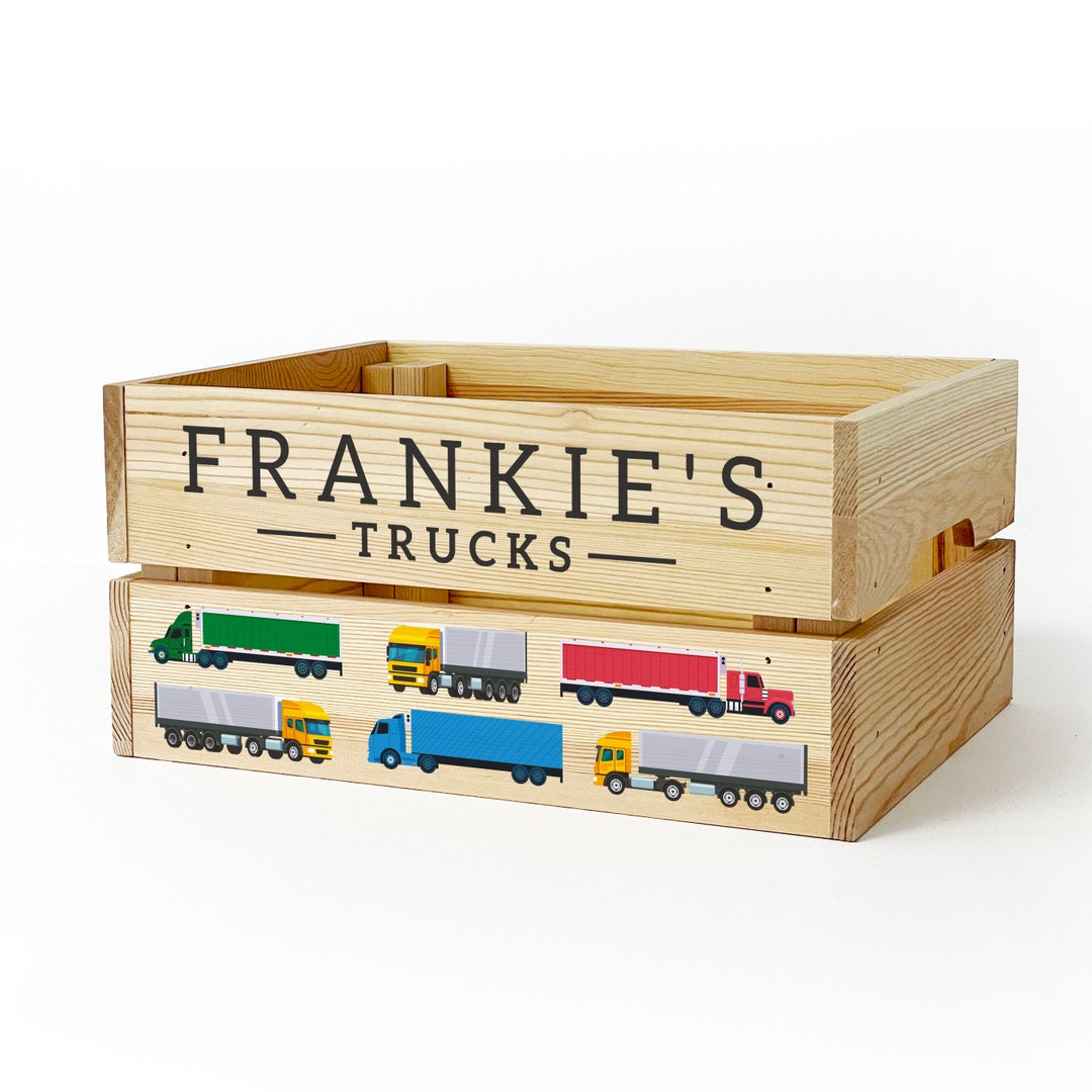 Personalised Kids Toy Trucks & Lorries Wooden Storage Toy Box Crate for ...