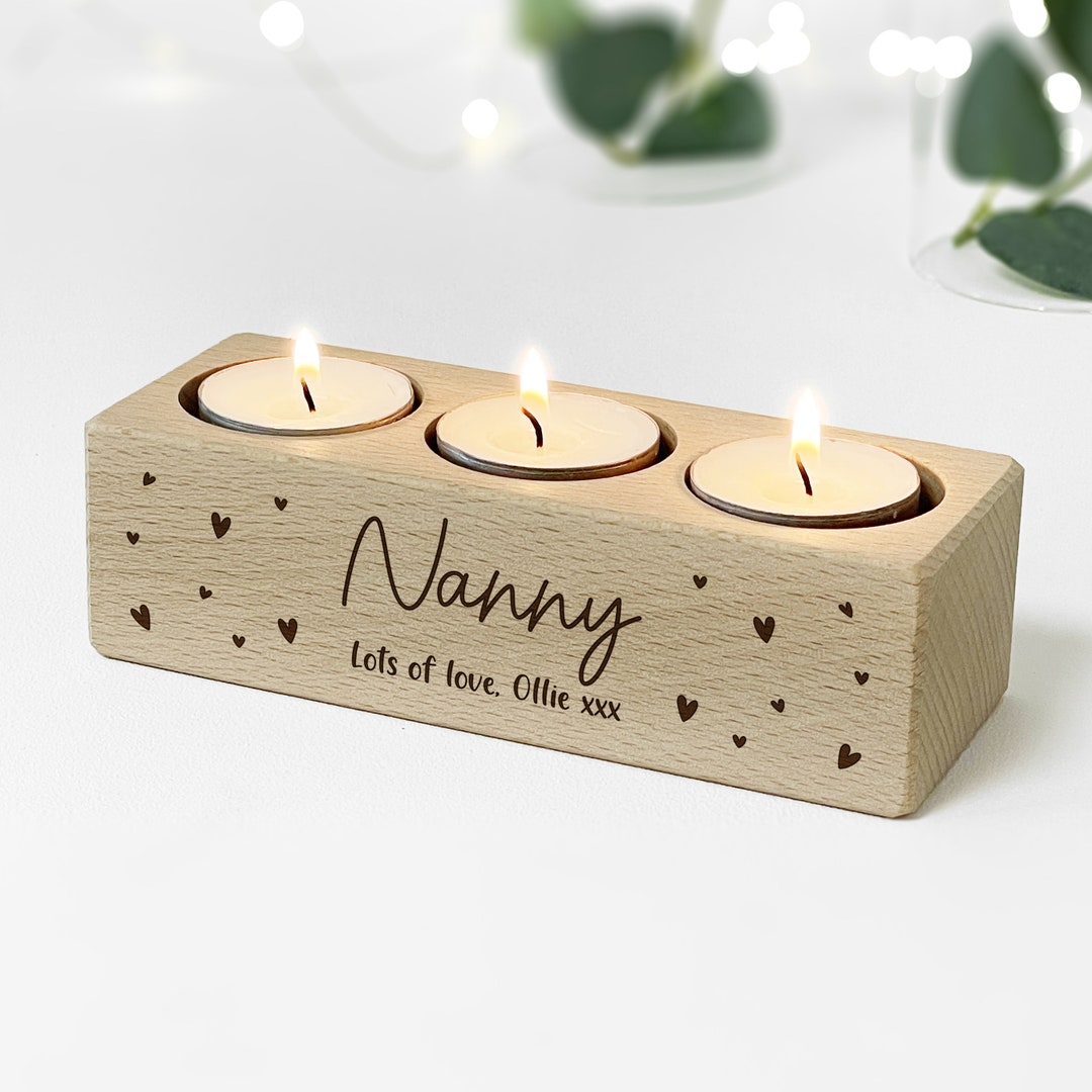 Personalised Beech Wood Tealight Candle Holder - Engraved Gift for Nan ...
