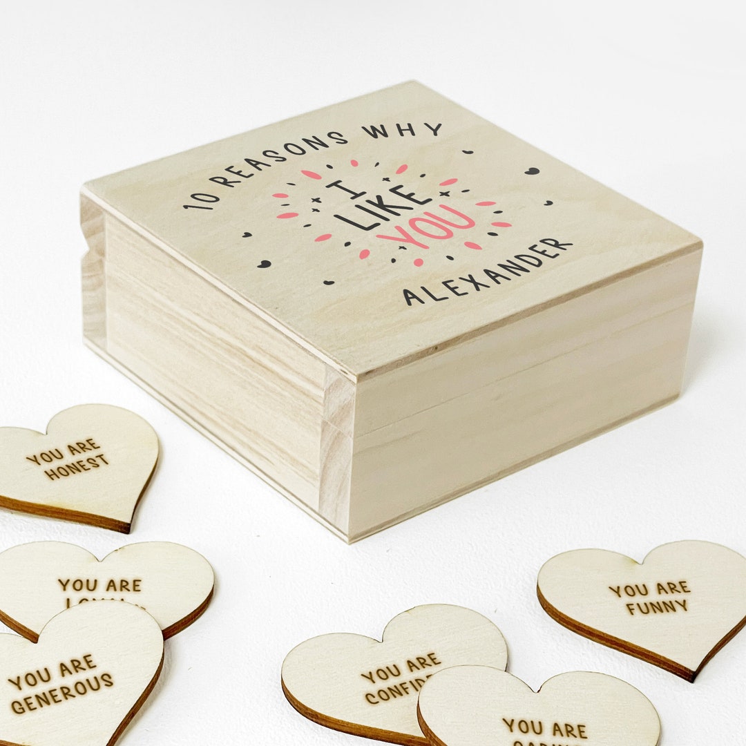 Personalised 10 Reasons Why I Like You Wooden Box & Hearts Gift - Etsy