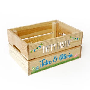 Personalised Wooden Happy Easter Crate Box, Easter Egg Treat Basket Box ...