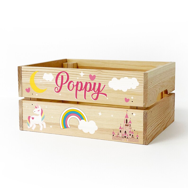 Personalised Kids Toy Storage Crate: Unicorn & Castle Wooden Box - Etsy