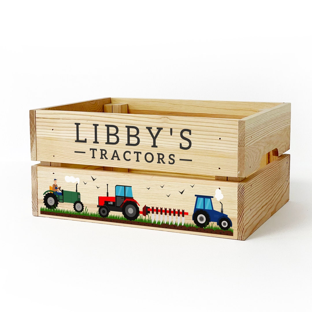 Personalised Kids Wooden Toy Box: Farm Vehicles & Tractors Storage ...