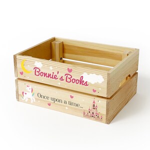Personalised Children's Bedtime Story Book Box, Kids Wooden UNICORN Book Box Crate for GIRLS or ...