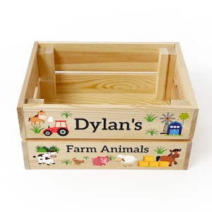 Personalised Kids Toy Farm Animals Wooden Storage Toy Box Crate for ...