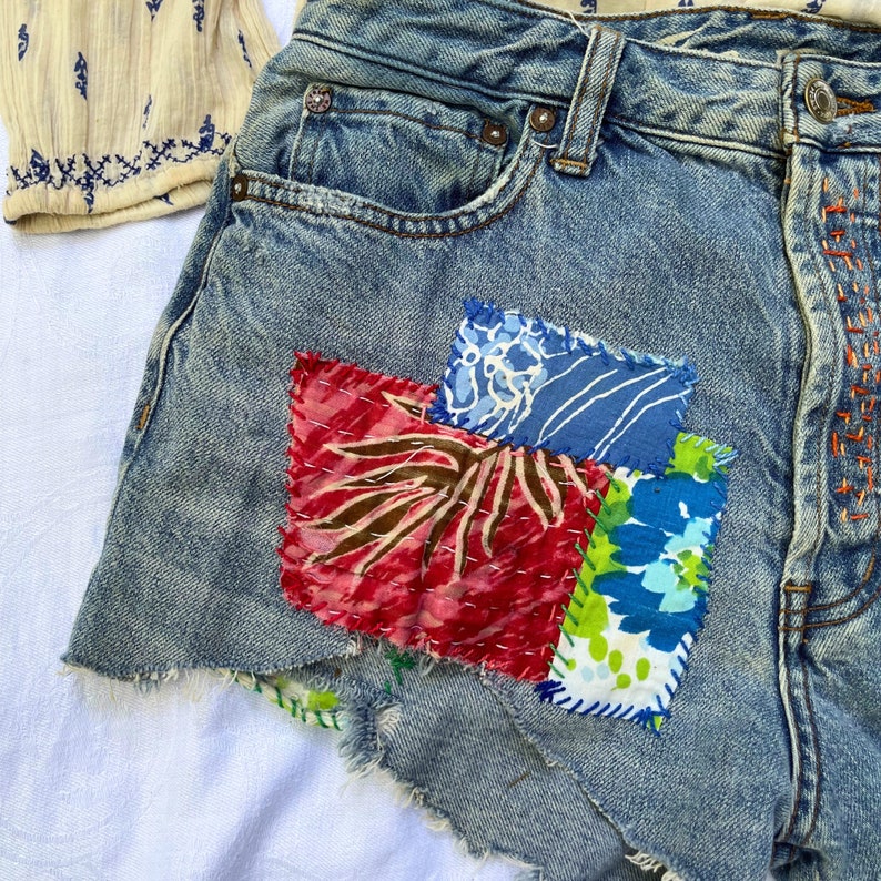Patched Hand Embroidered Denim Booty Shorts, Retro Button Fly Cheeky ...