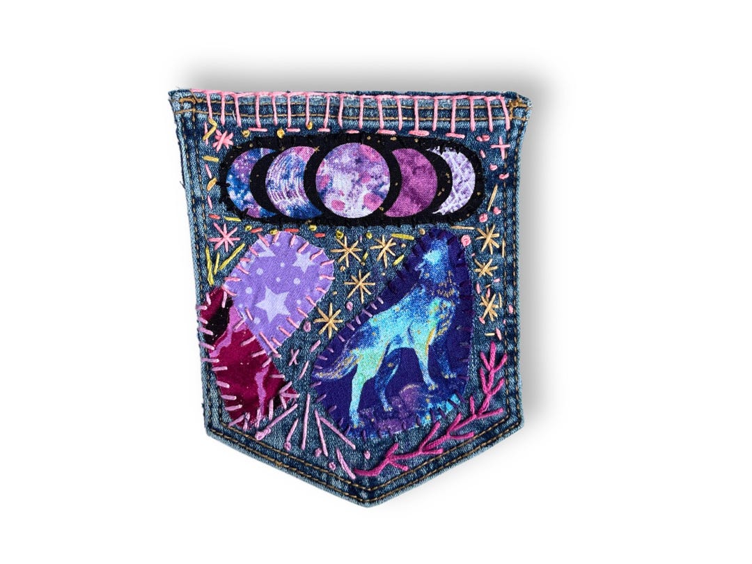 Handmade Wolf Full Moon Patch, Embroidered Patchwork Pocket, Purple ...