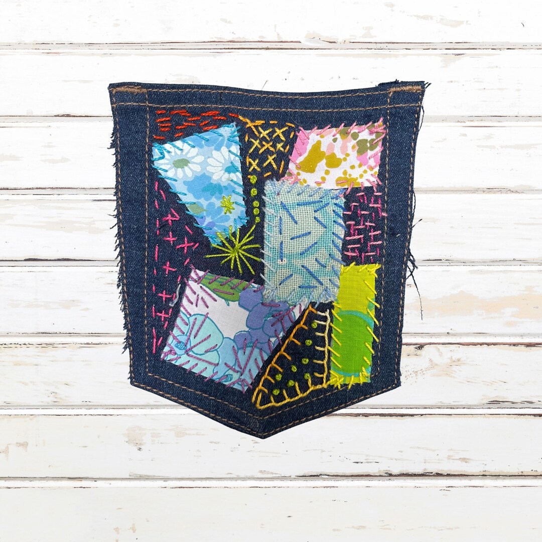 Hand Embroidered Denim Clothes Patch. Vintage Fabric Patches. Crazy ...