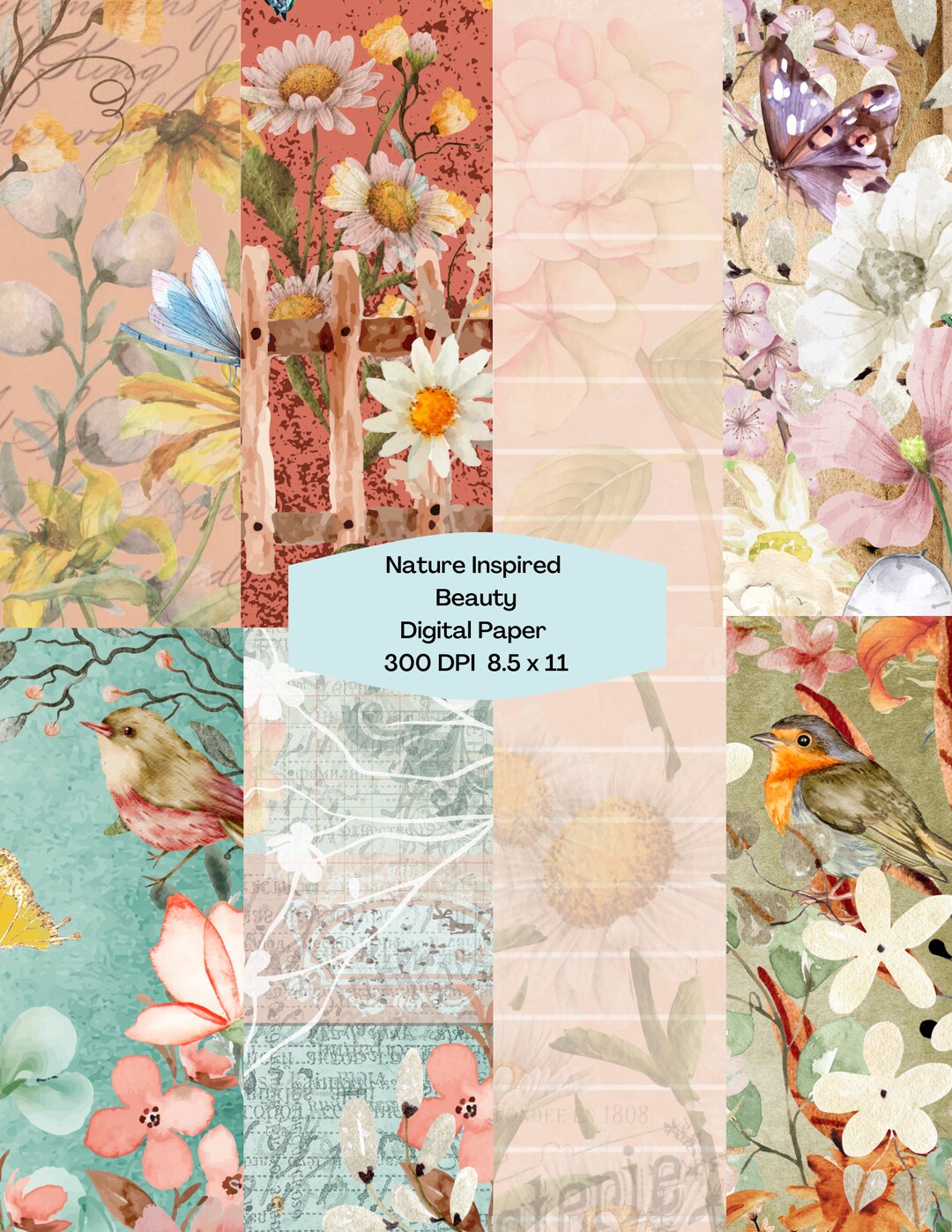 Nature Inspired Digital Paper Pack, Butterfly, Bird, Floral (digital ...