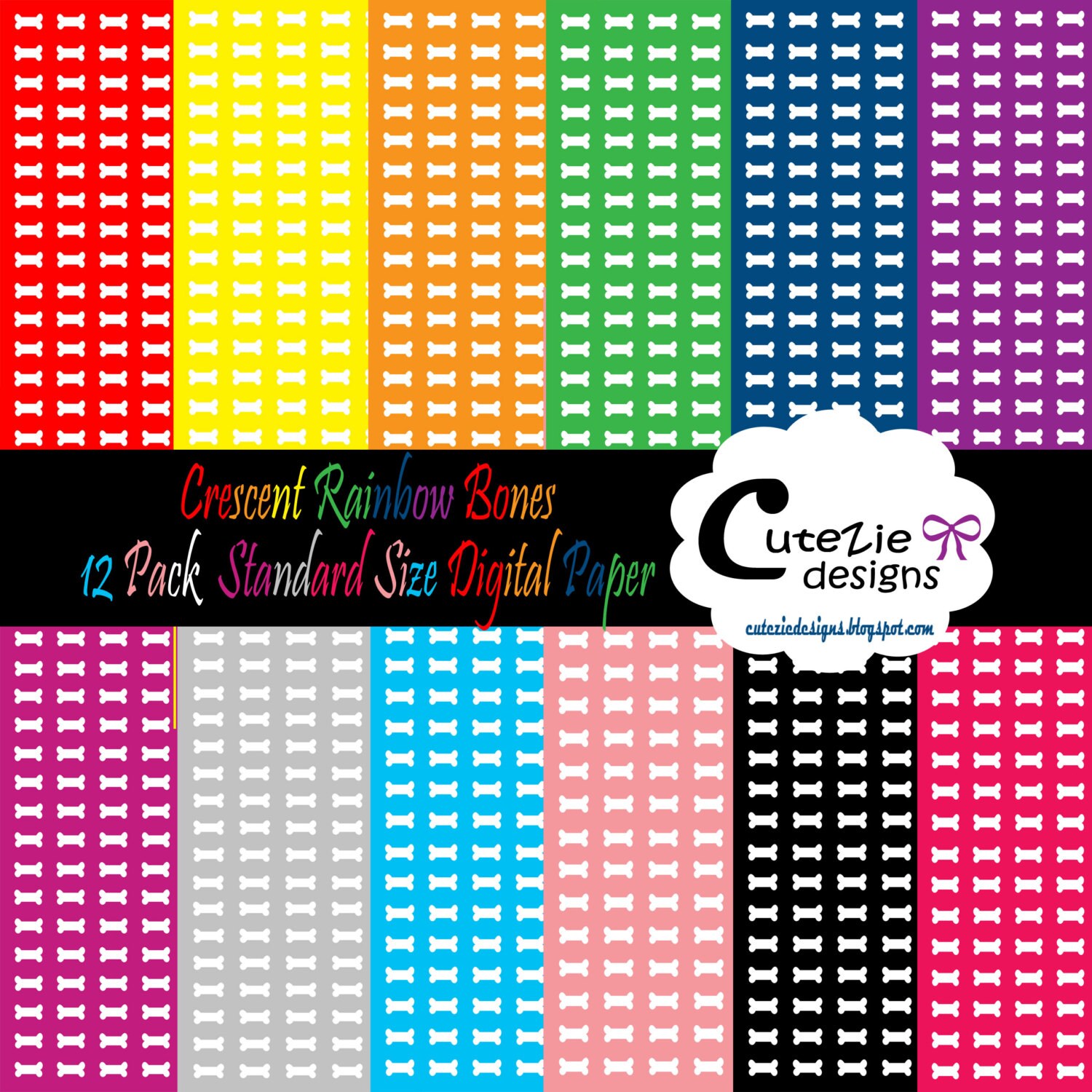 Crescent Rainbow Bone Digital Paper in 12 Colors, Dog Bone Pattern, Pet ...