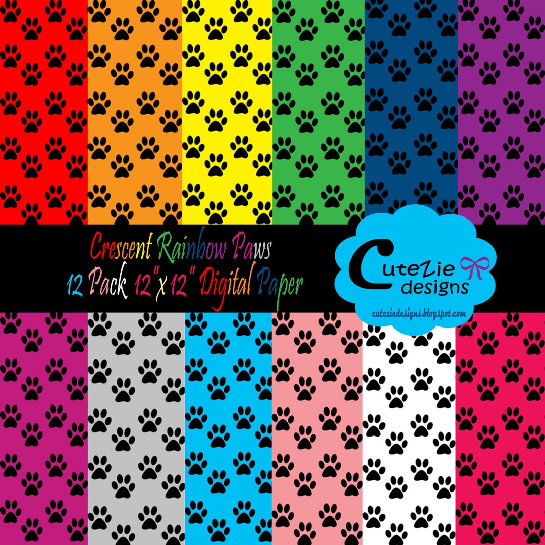 Crescent Rainbow Paw Digital Paper in 12 Colors, Dog Paw Print Pattern ...