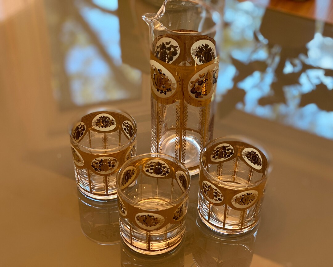 Vintage MCM Cora Cocktail Pitcher With Three Cocktail Glasses, Gold ...