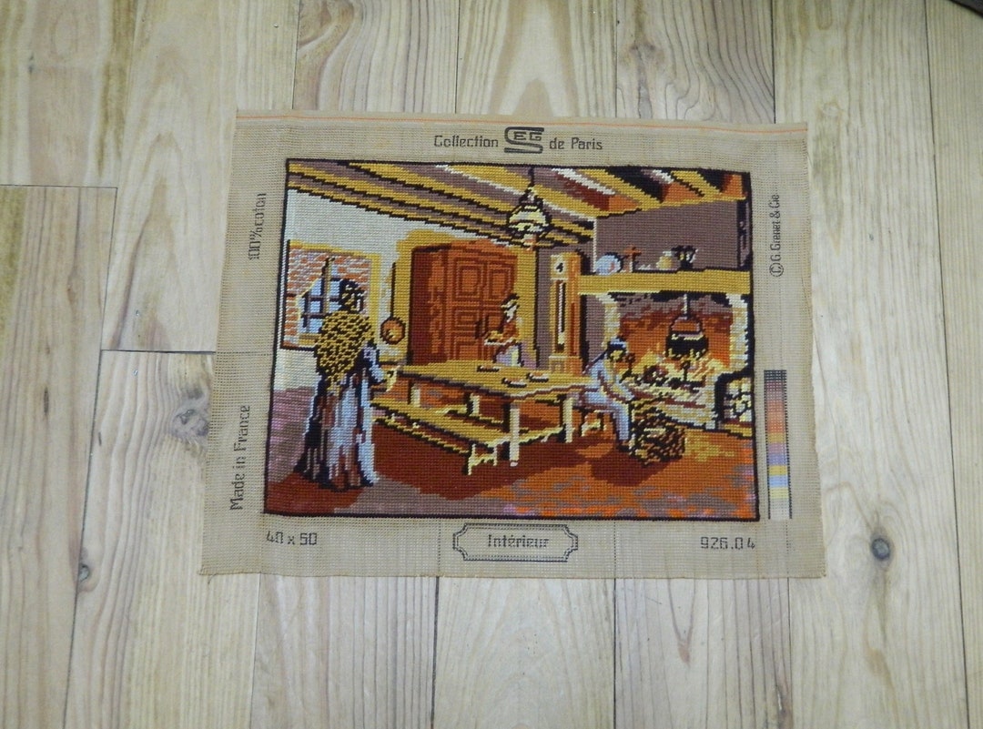 Kitchen Art, Vintage French, Needlepoint Canvas, Tapestry, Wall Hanging ...