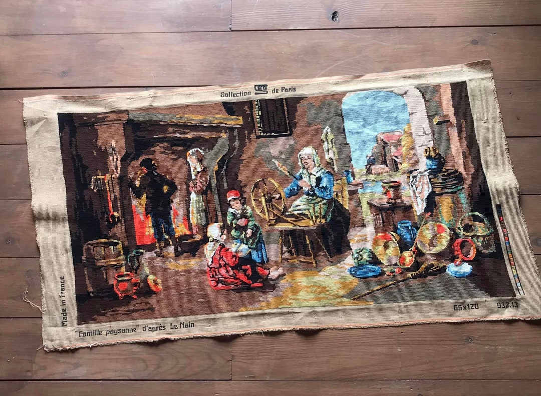 Spinning Wheel, Vintage French Canvas, Needlepoint Tapestry, Wall ...