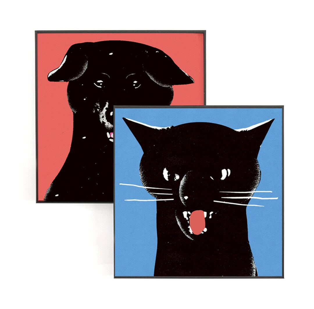 Moody Dog and Cat Set of 2 Small Square Posters, Blue, Red, Decoration ...